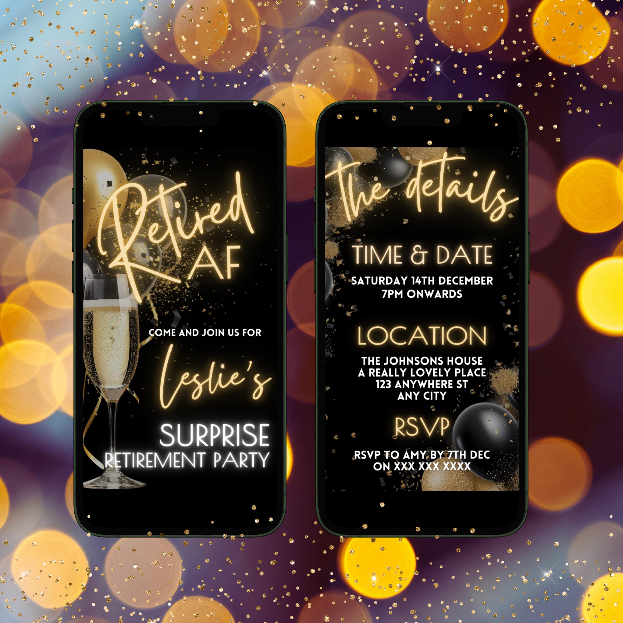 Digital Surprise Retirement Party Invitation, Modern Black and Gold ...