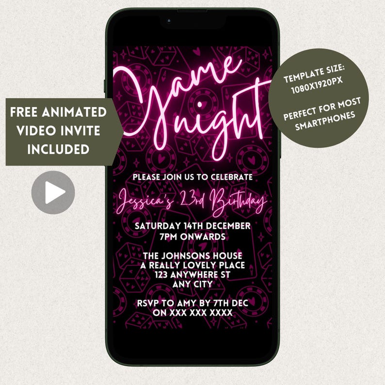 Digital Game Night Party Invitation for Women, Electronic Any Age Pink ...
