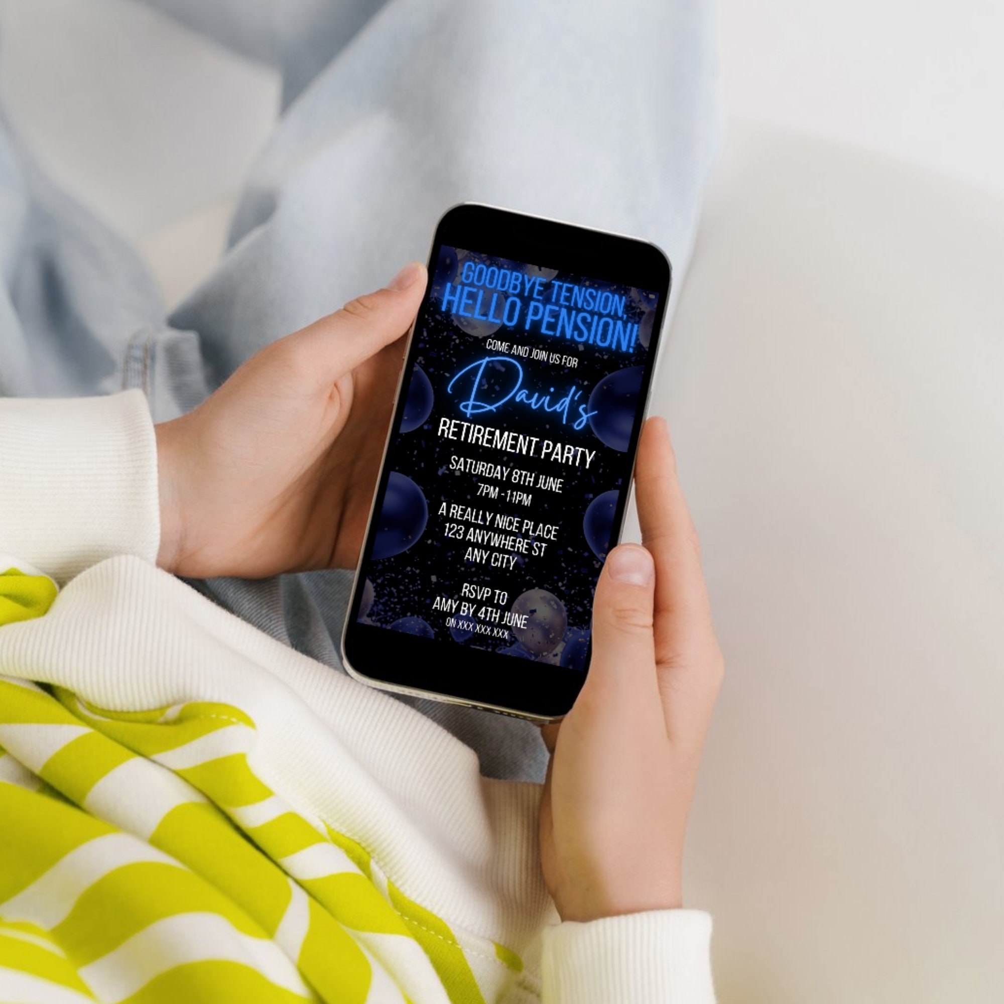 Digital Retirement Party Invitation for Him, Modern Black and Blue ...