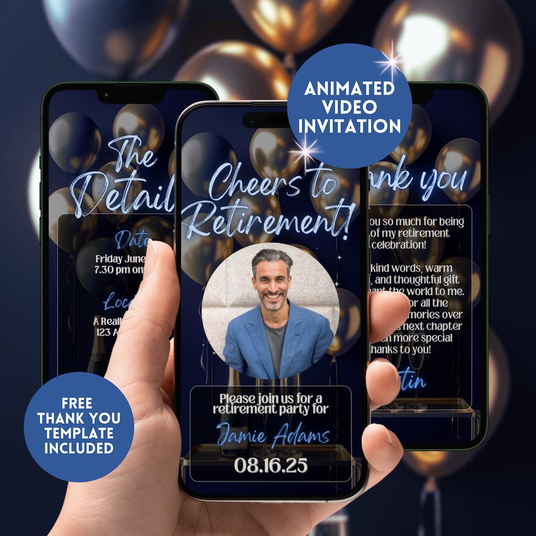Retirement Party Invitation for Him, Animated Navy & Gold Work ...