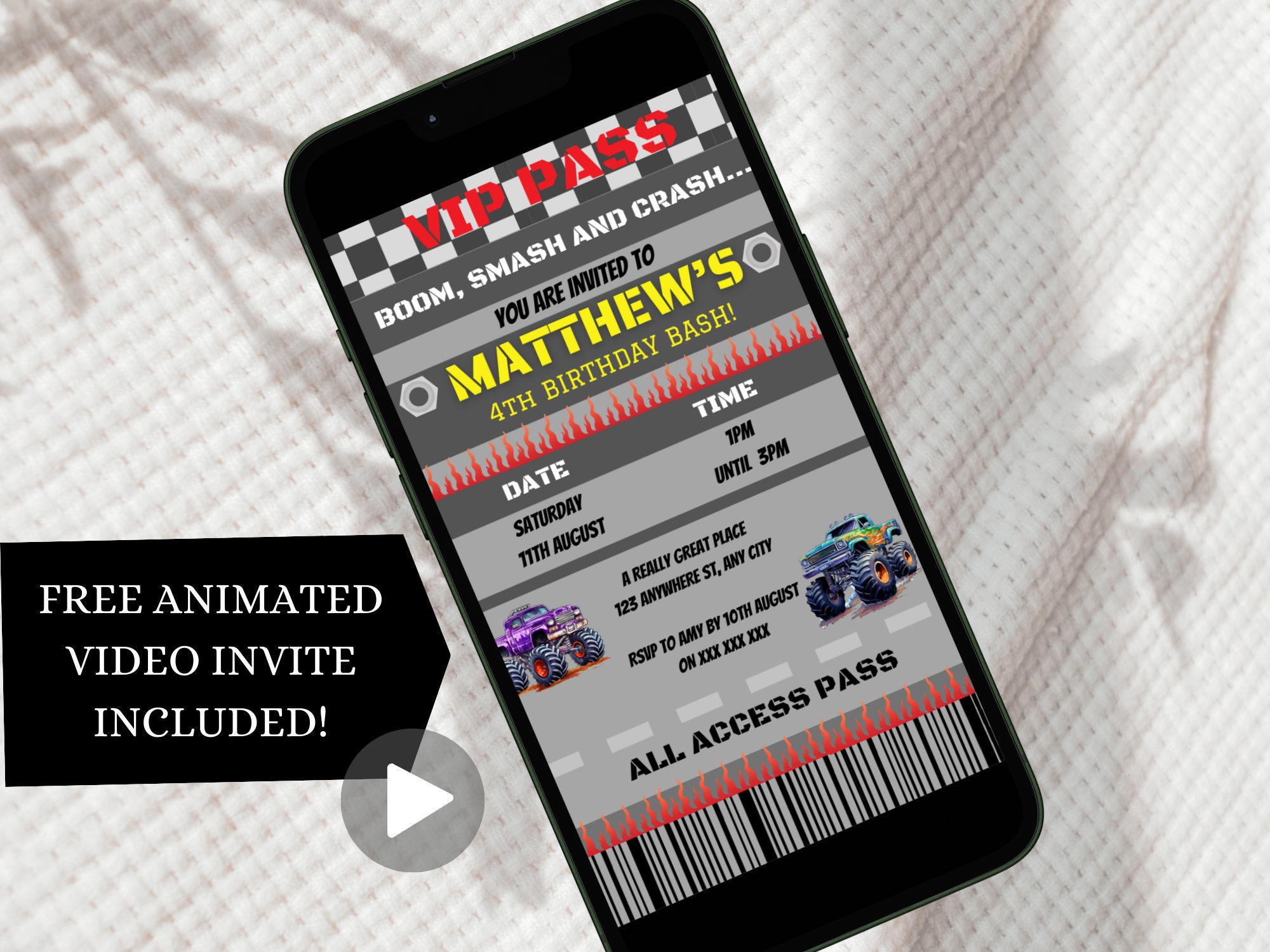 Digital Monster Jam Ticket Mobile Invitation, Monster Truck Birthday ...