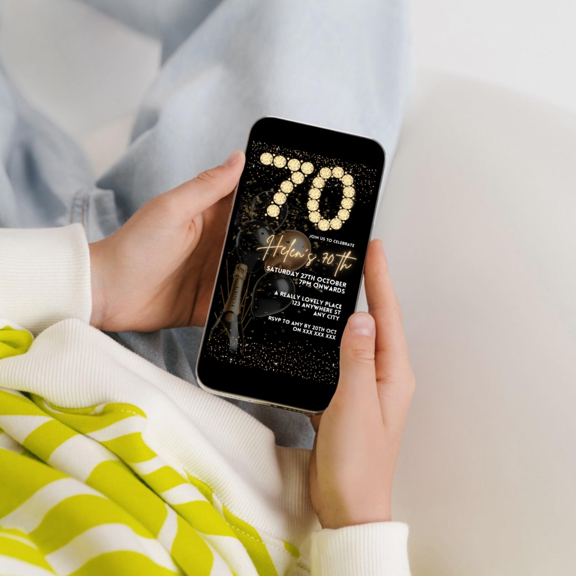 Digital 70th Birthday Invitation for Women, Electronic Black and Gold ...