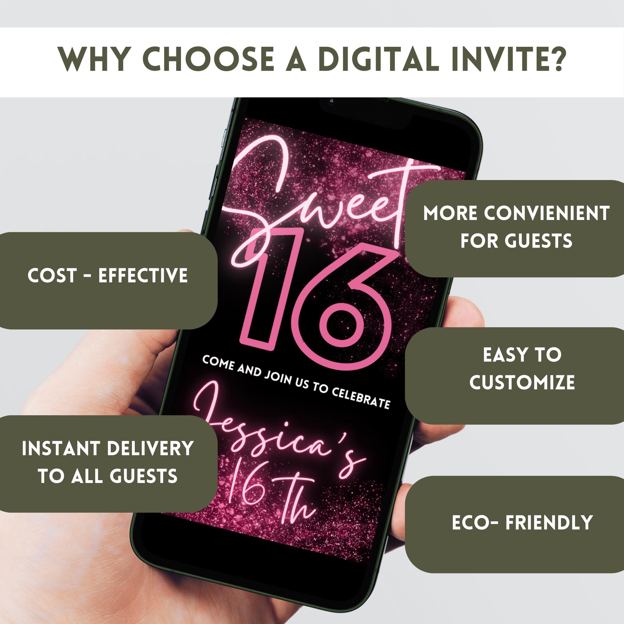 Digital Sweet 16 Birthday Party Invitation for Her, Electronic 16th ...