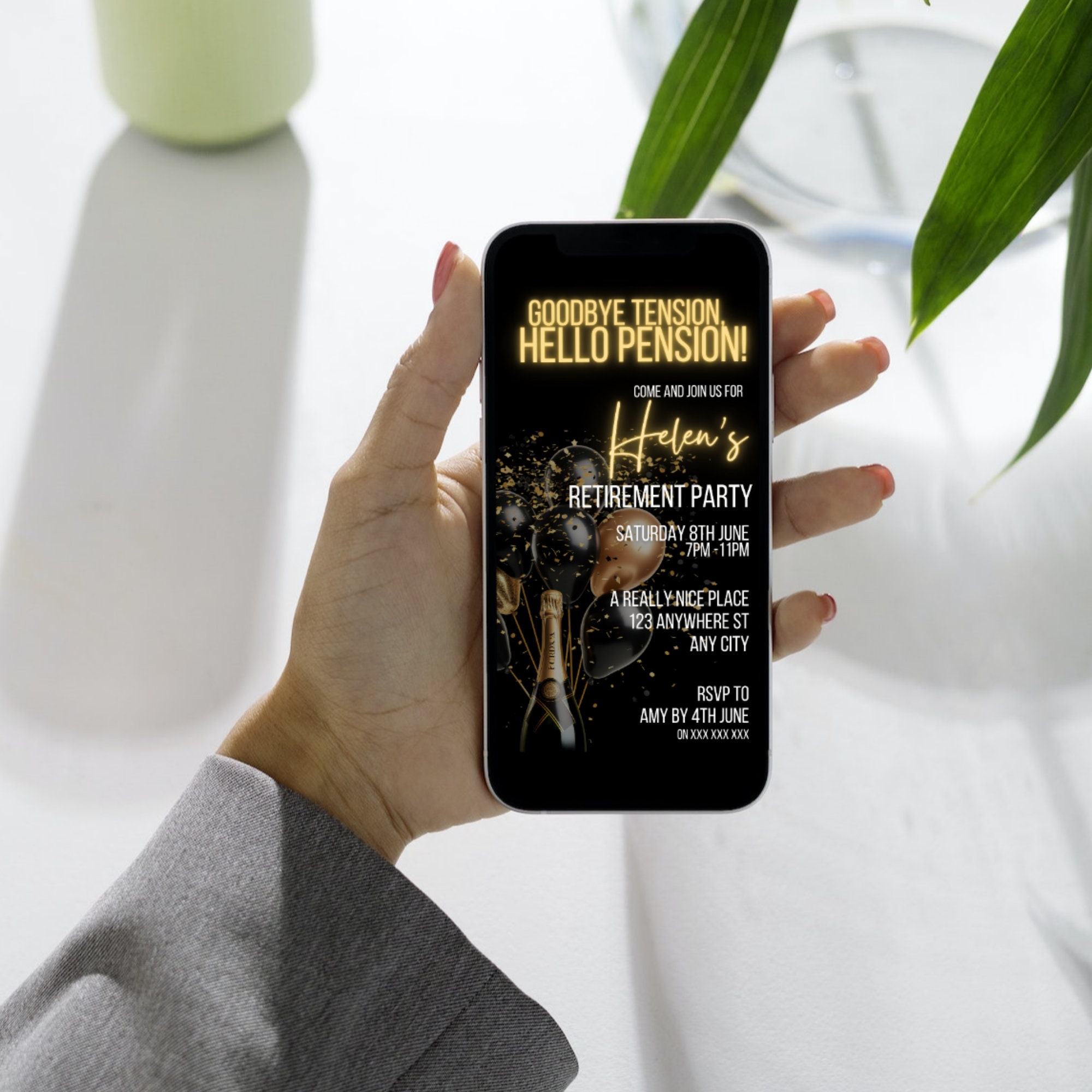 Digital Retirement Party Invitation for Her or Him, Modern Black and ...