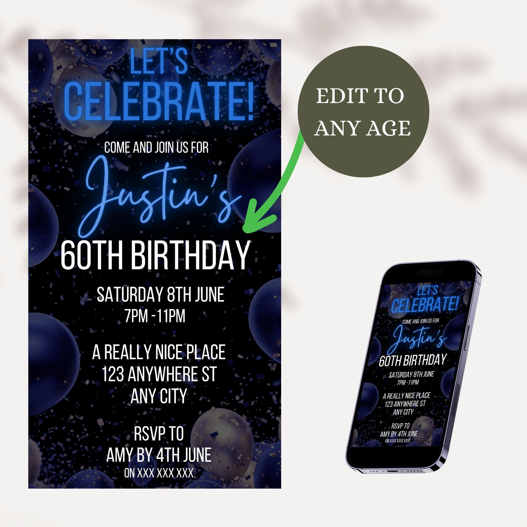 Digital 60th Birthday Invitation for Men,modern Black and Blue Sixty or ...