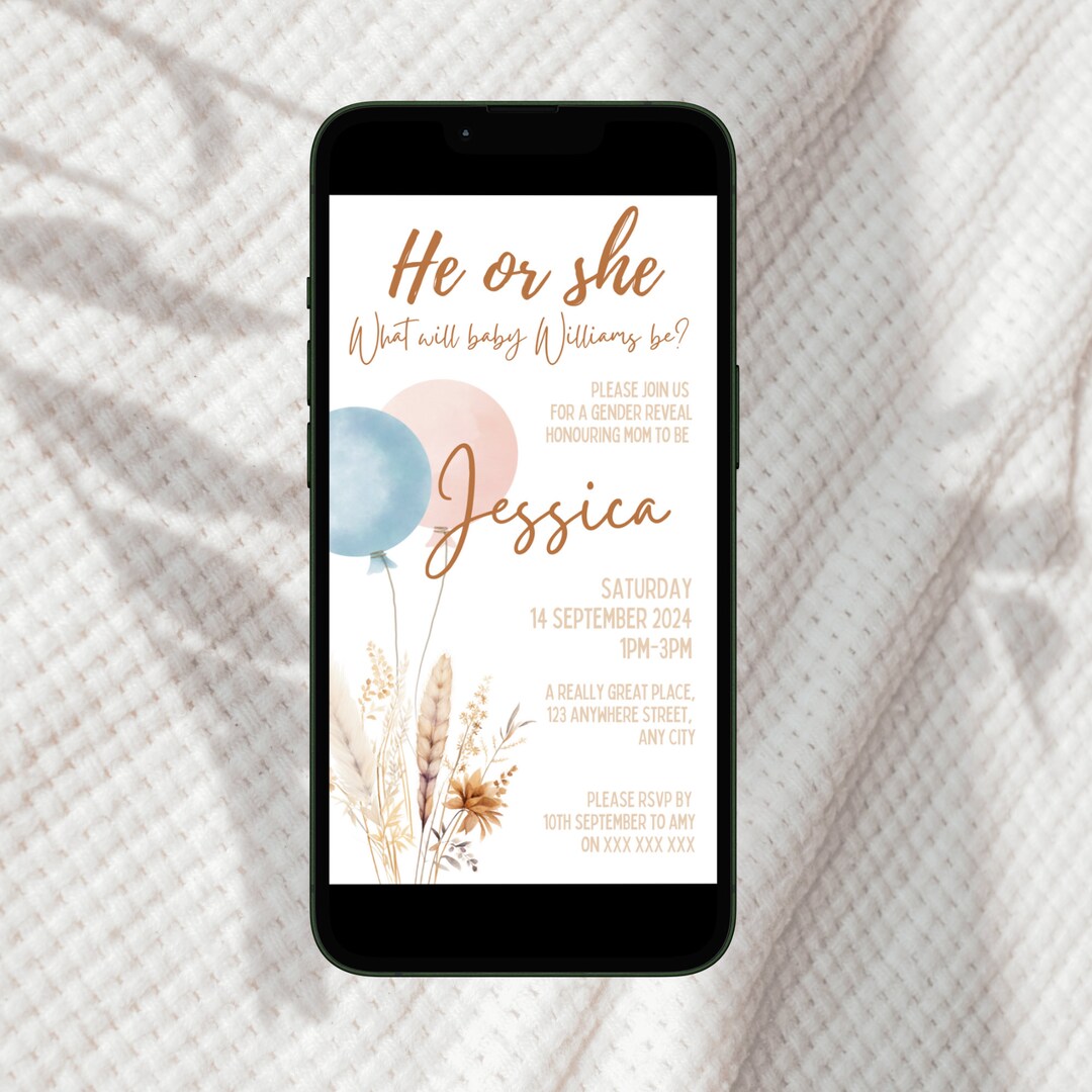 Digital Gender Reveal Invitation, Electronic Boho Gender Reveal Party E ...