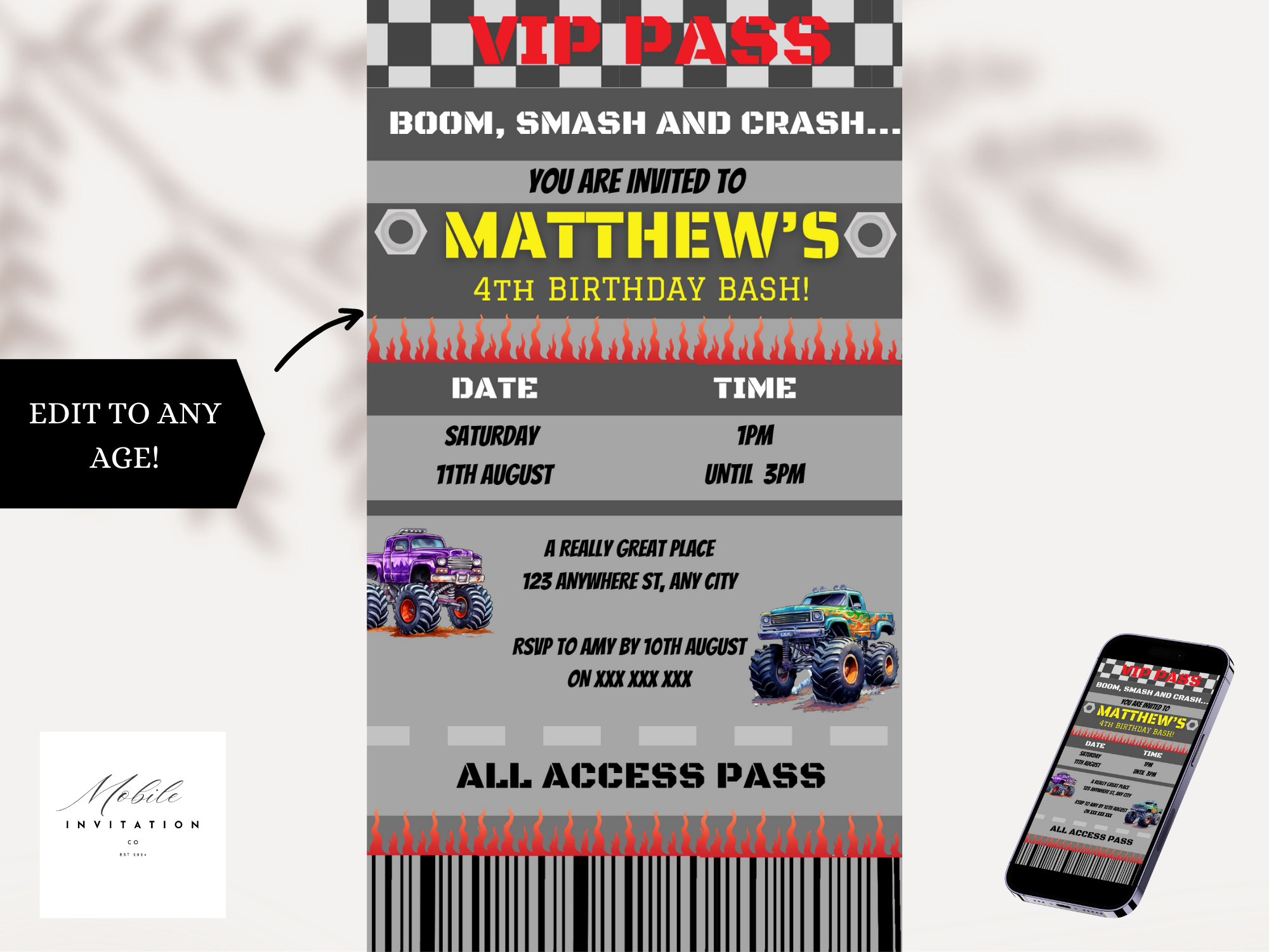 Digital Monster Jam Ticket Mobile Invitation, Monster Truck Birthday ...