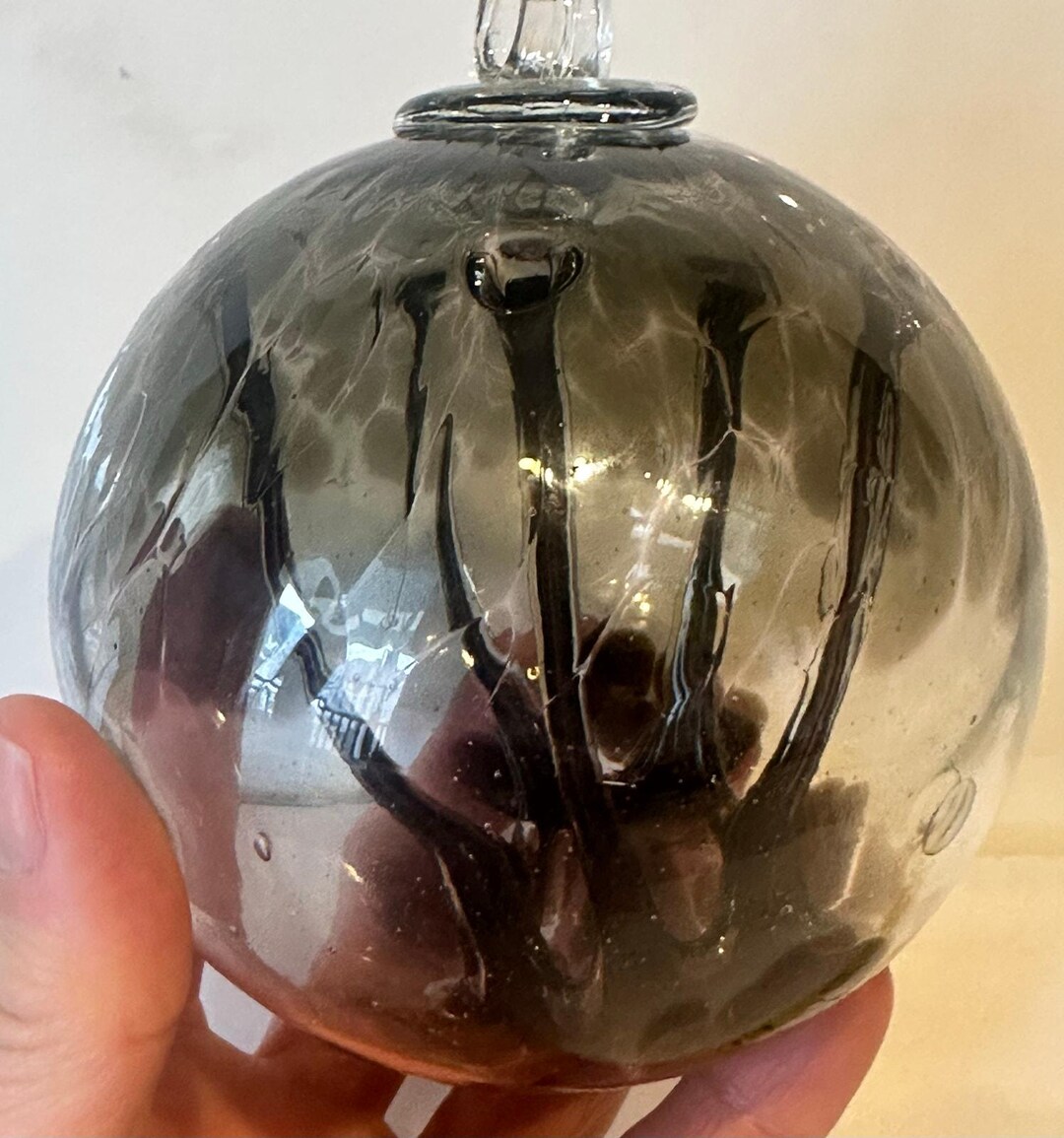Hand Blown Art Glass Witch Ball Orb Ornament Sun Catcher 6” Black Gray ...