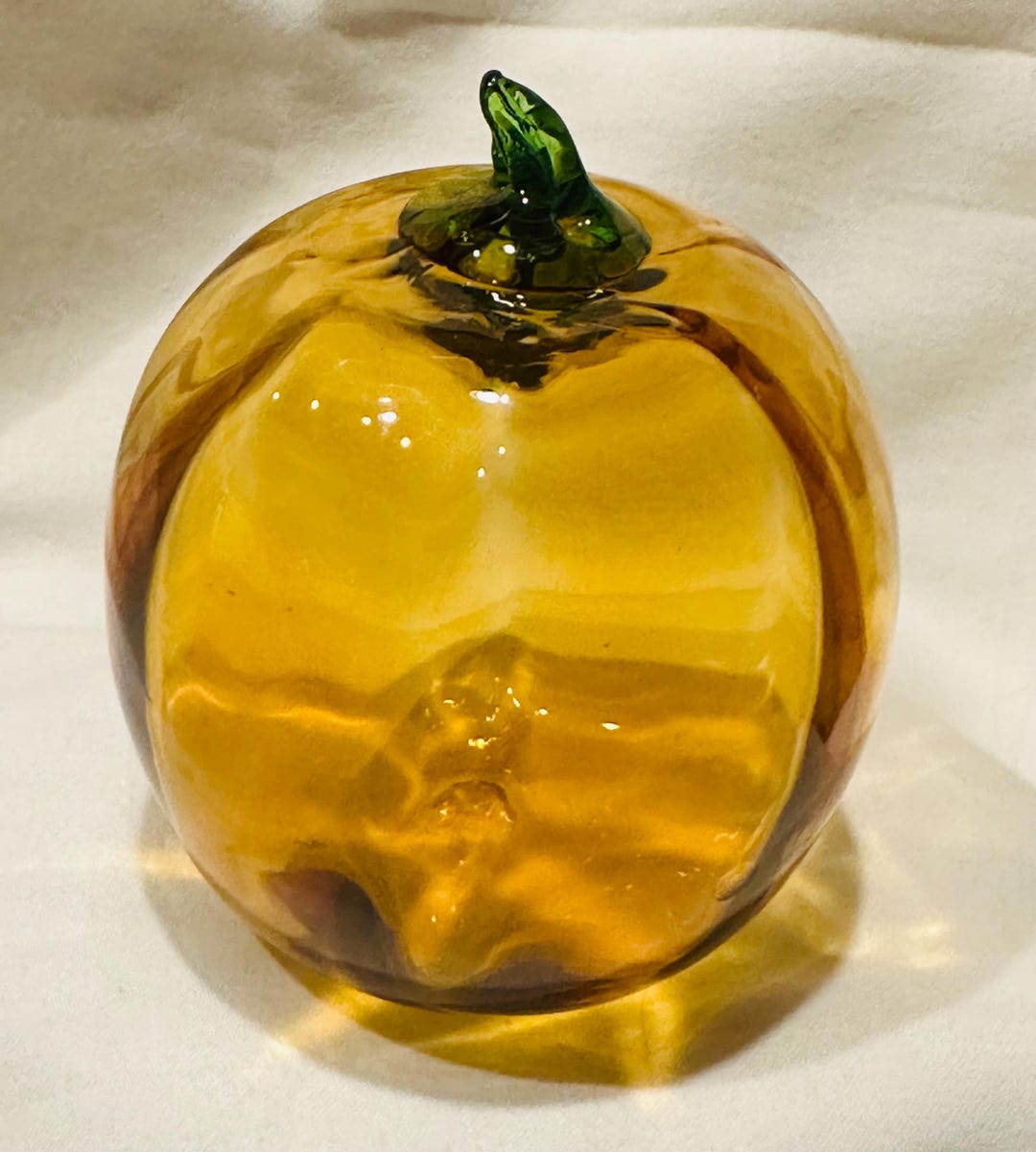Blenko Art Glass Pumpkin W/ Green Stem Hand Blown Topaz Amber USA 5 ...