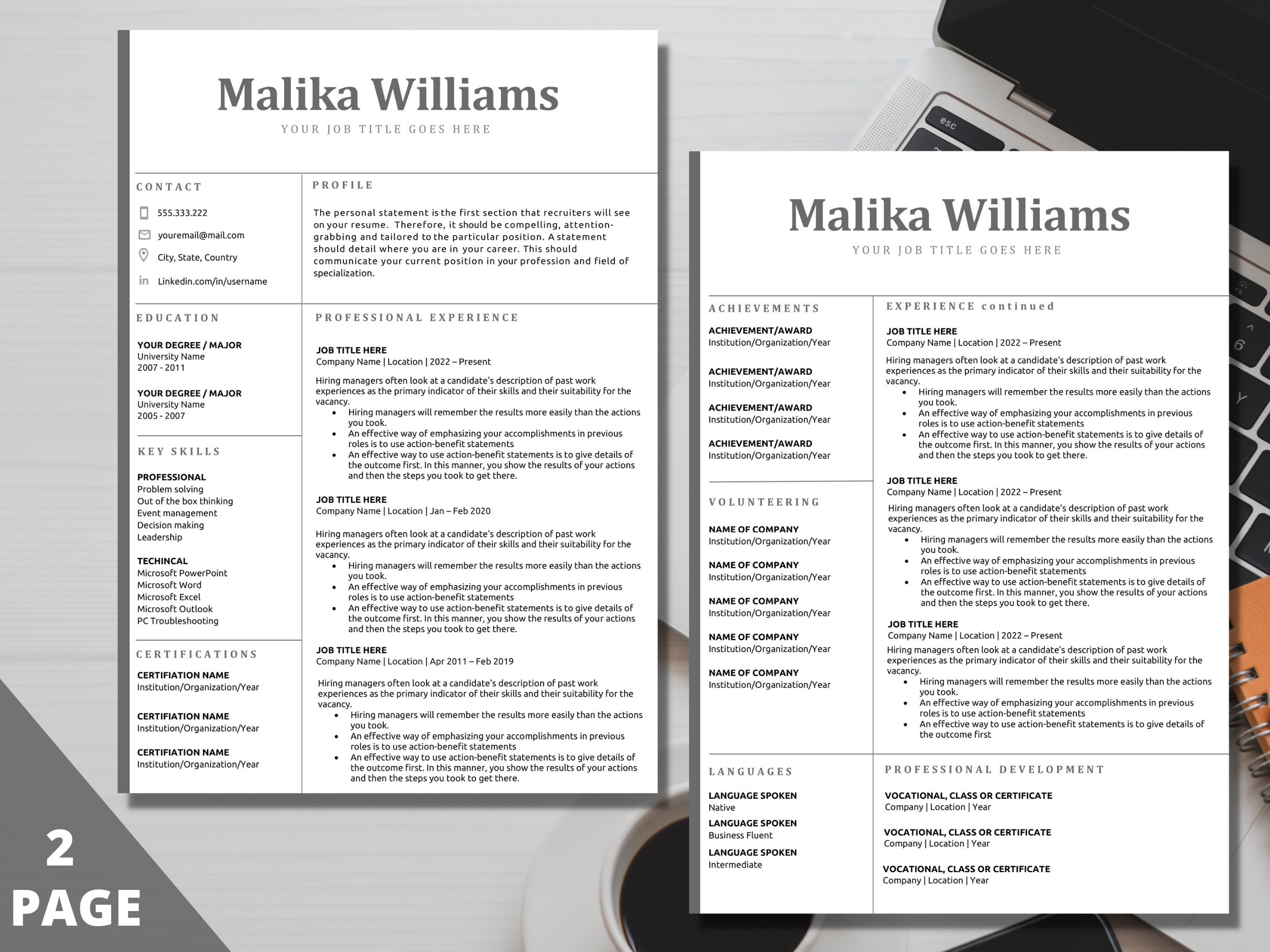 Professional Resume Template for Word 1, 2 & 3 Page Resume Template ...