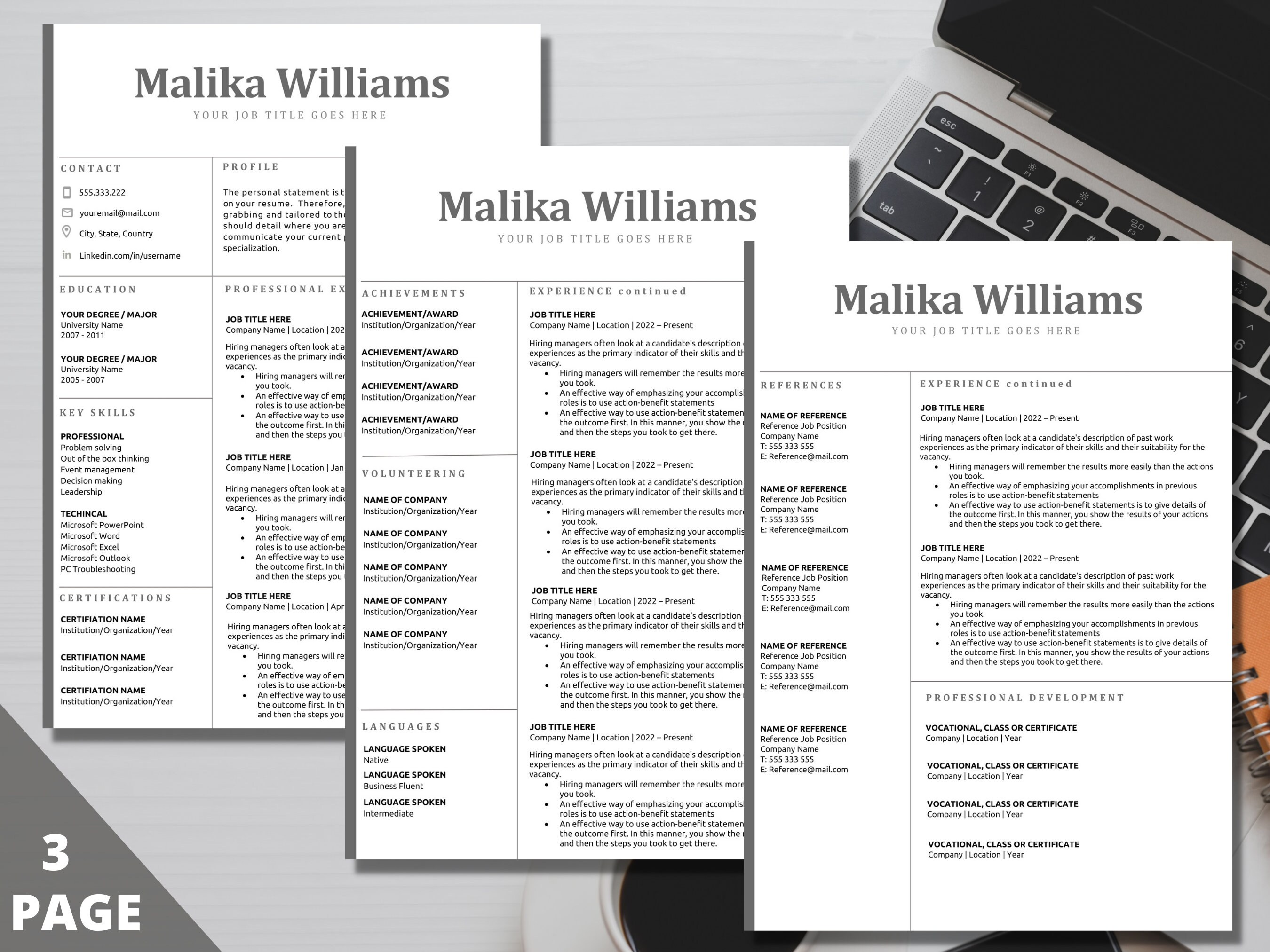 Professional Resume Template for Word 1, 2 & 3 Page Resume Template ...
