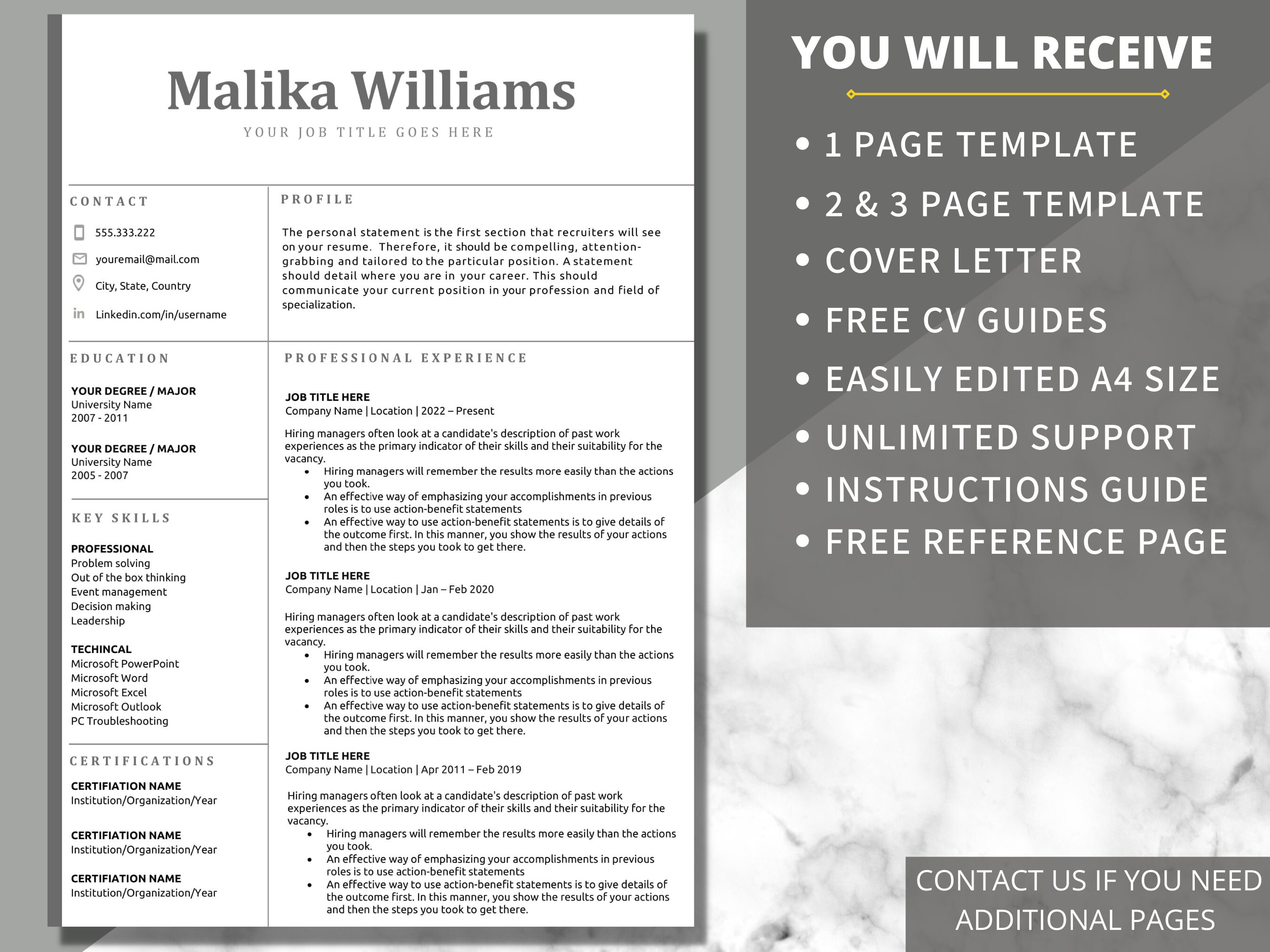 Professional Resume Template for Word 1, 2 & 3 Page Resume Template ...
