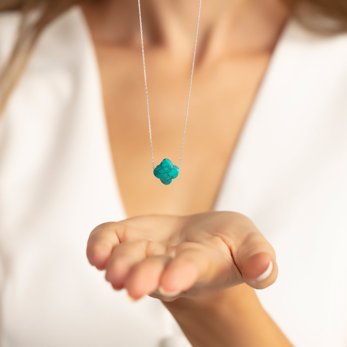 925 Sterling Silver Green Natural Stone Clover Necklace - Etsy