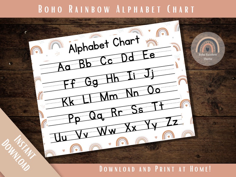 Printable ABC Chart, Boho Rainbow, Alphabet Chart, Handwriting Chart ...