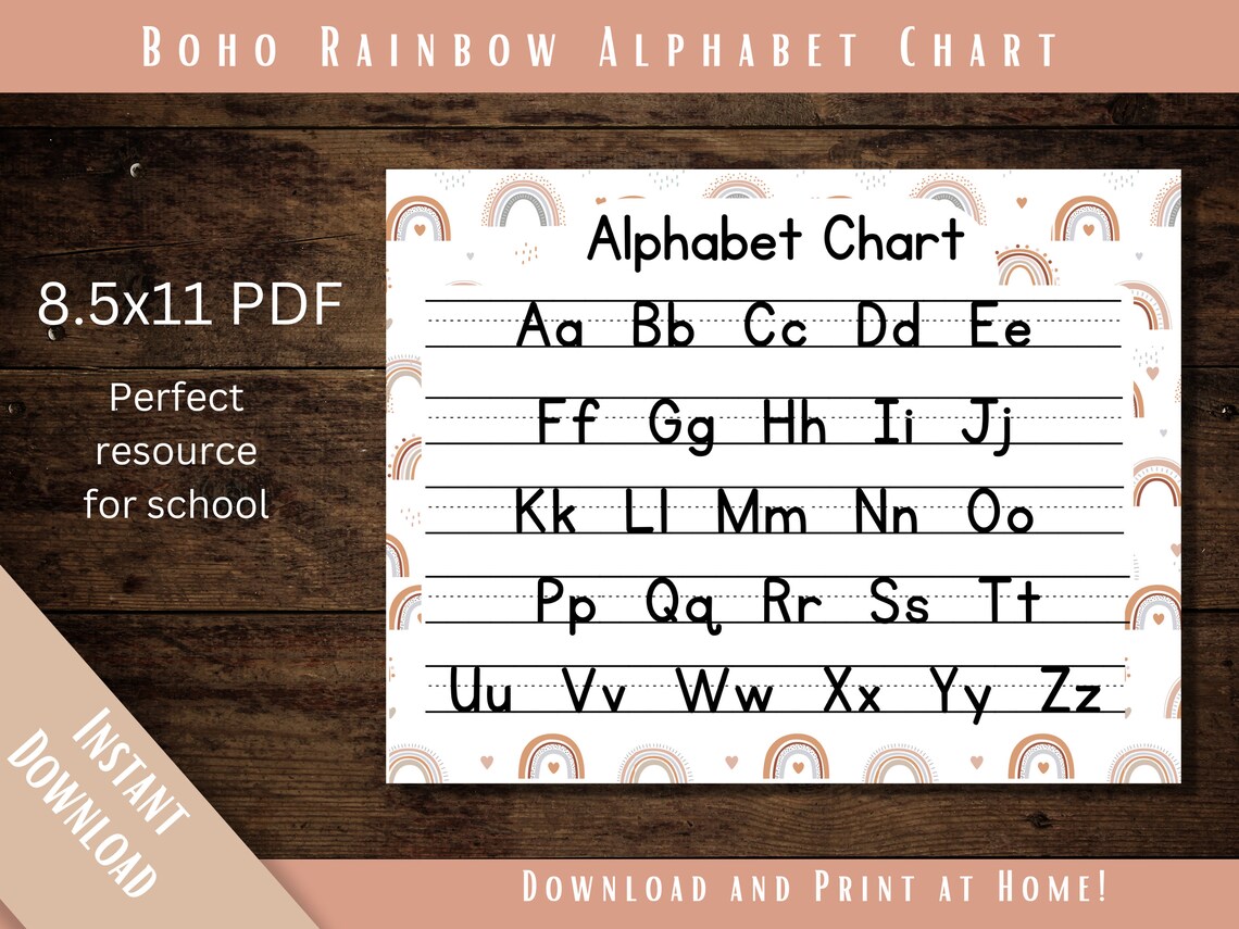 Printable ABC Chart, Boho Rainbow, Alphabet Chart, Handwriting Chart ...