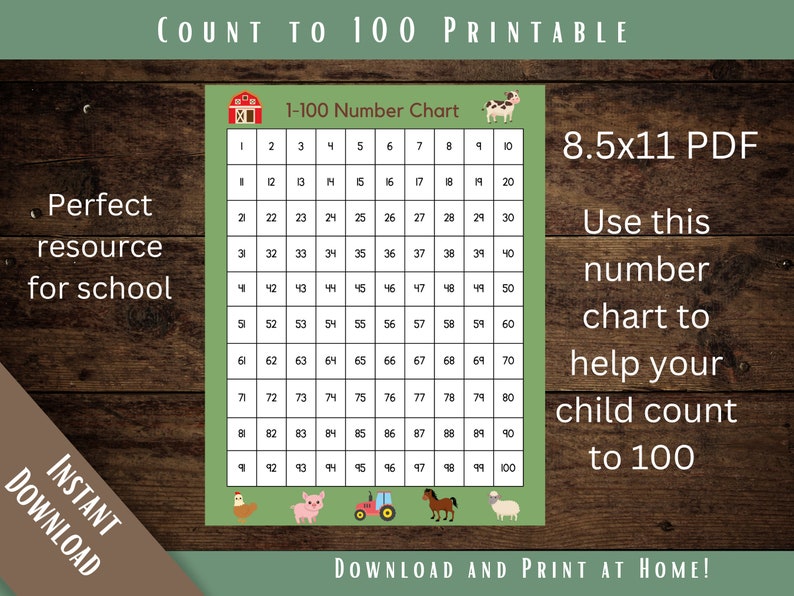 Number Chart/ Printable Hundreds Chart/ 1-100 Number Chart/ Count to ...
