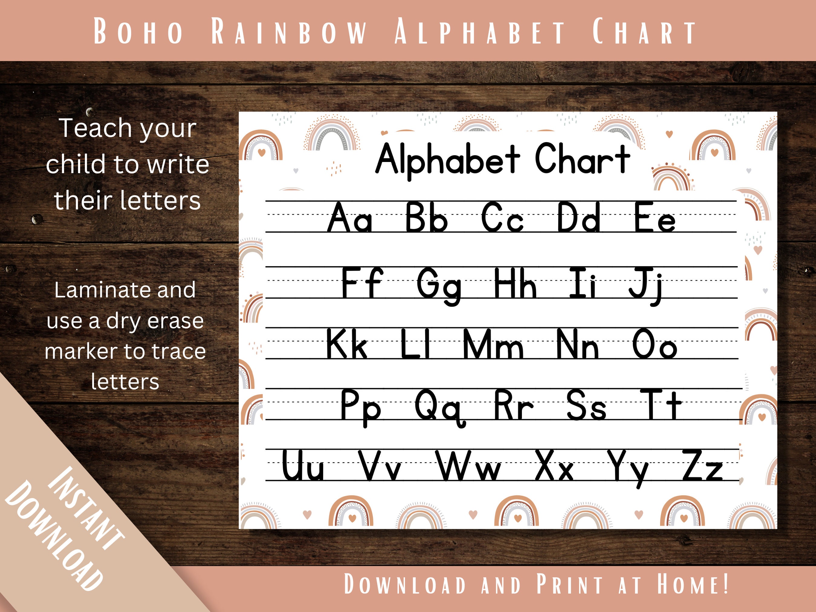 Printable ABC Chart, Boho Rainbow, Alphabet Chart, Handwriting Chart ...