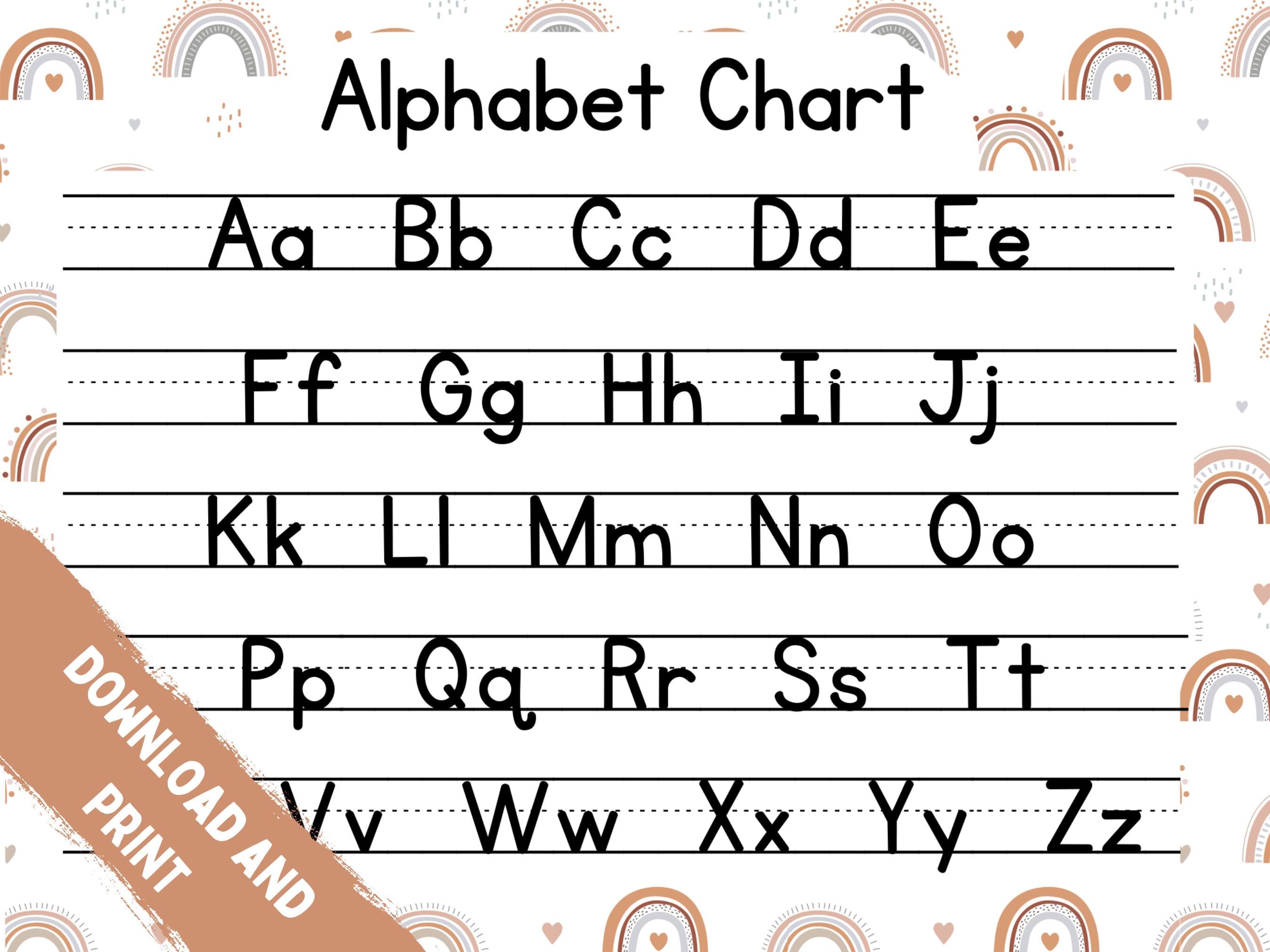 Printable ABC Chart, Boho Rainbow, Alphabet Chart, Handwriting Chart ...