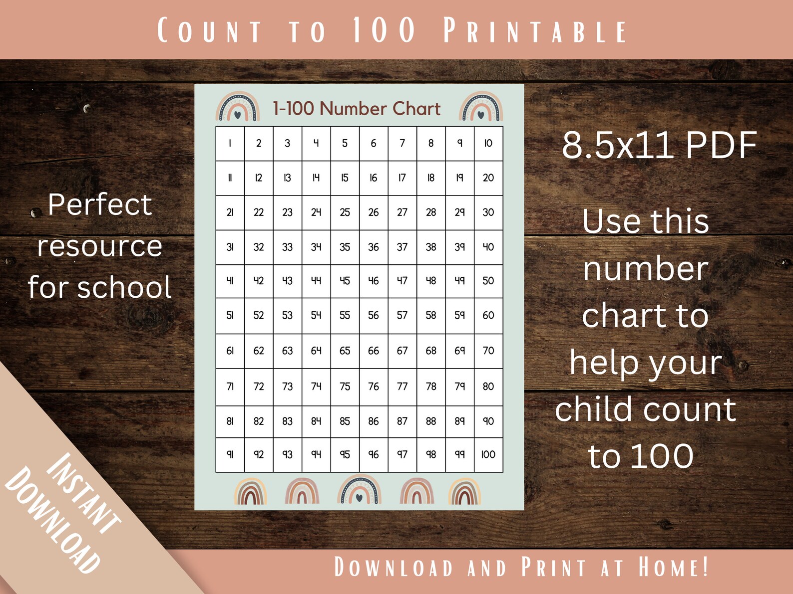 Number Chart/ Printable Hundreds Chart/ 1-100 Number Chart/ Count to ...
