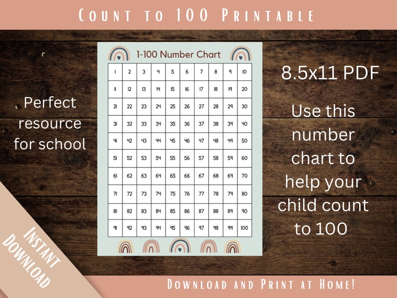 Number Chart/ Printable Hundreds Chart/ 1-100 Number Chart/ Count to ...