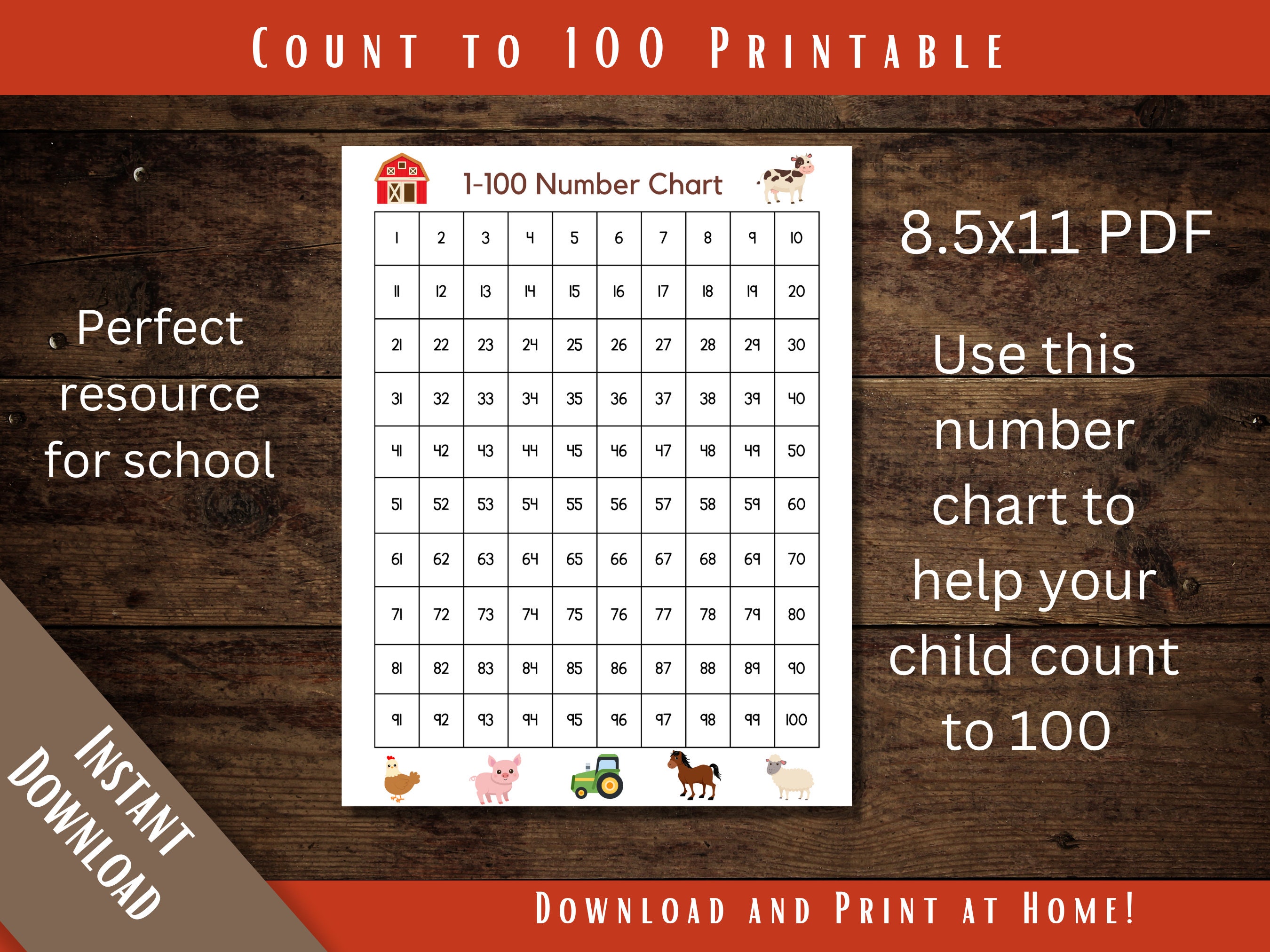 Number Chart/ Printable Hundreds Chart/ 1-100 Number Chart/ Count to ...