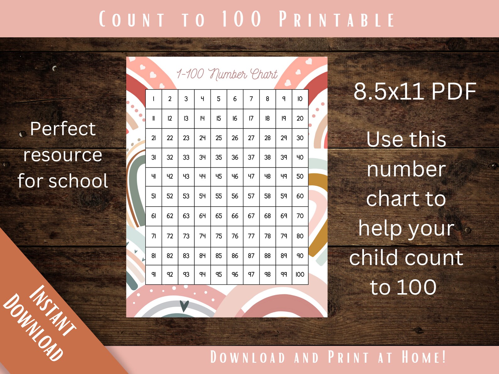 Number Chart/ Printable Hundreds Chart/ 1-100 Number Chart/ Count to ...