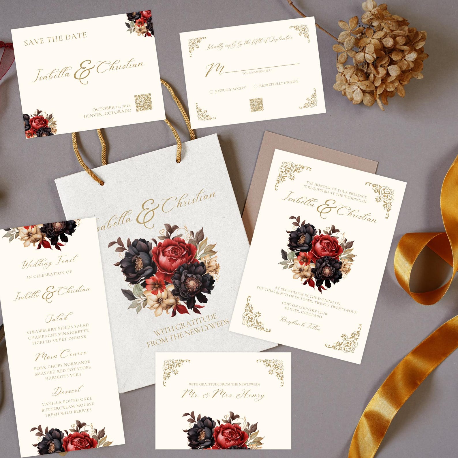 Victorian Red Floral Wedding Suite: Editable Canva Templates (digital ...