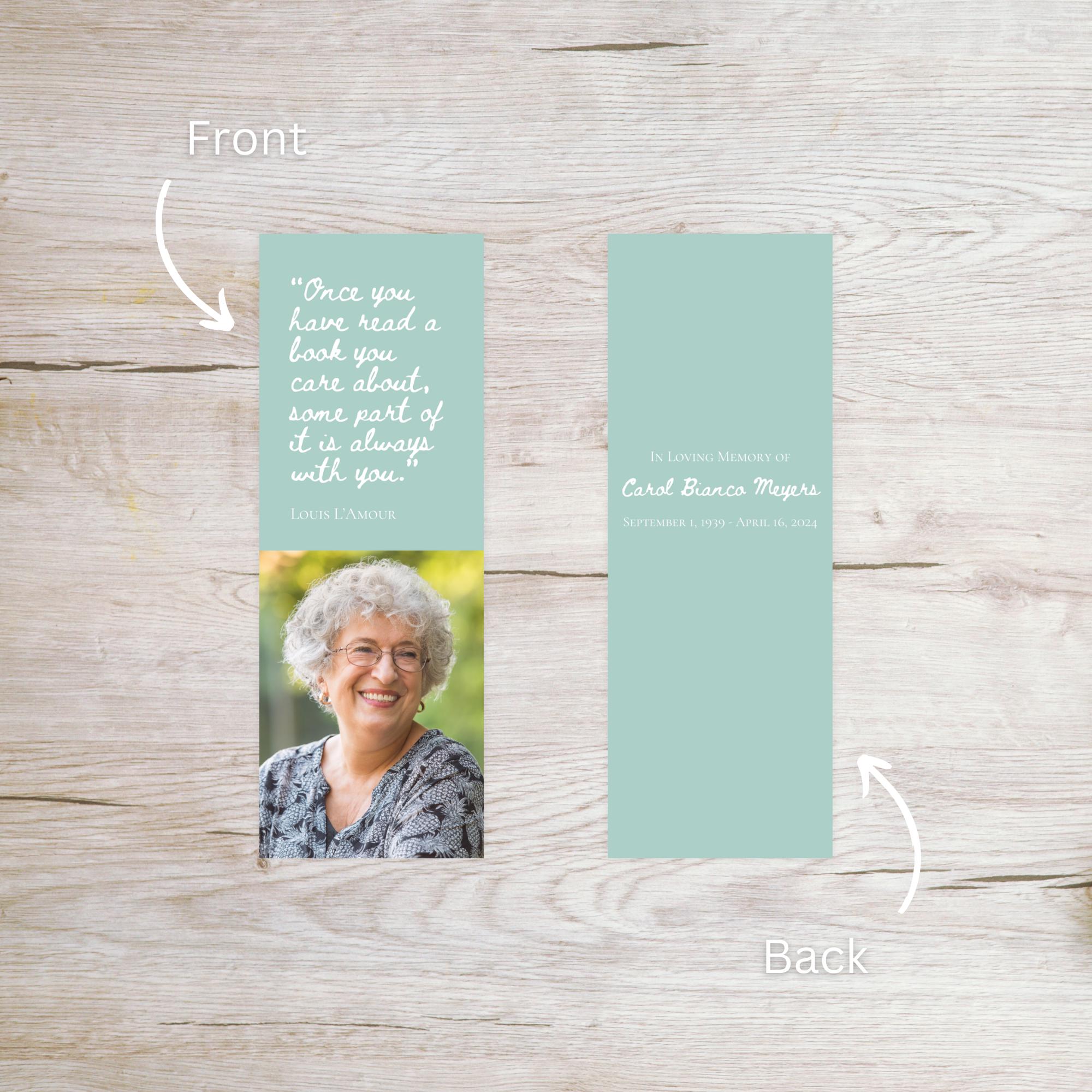 Memorial Bookmark Template With Photo and Quote Personalized Editable ...