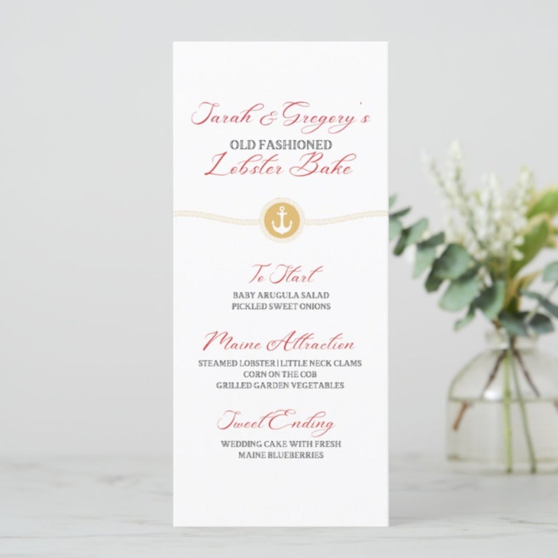 WEDDING MENU Lobster Bake Menu Template Printable Nautical Wedding Menu ...