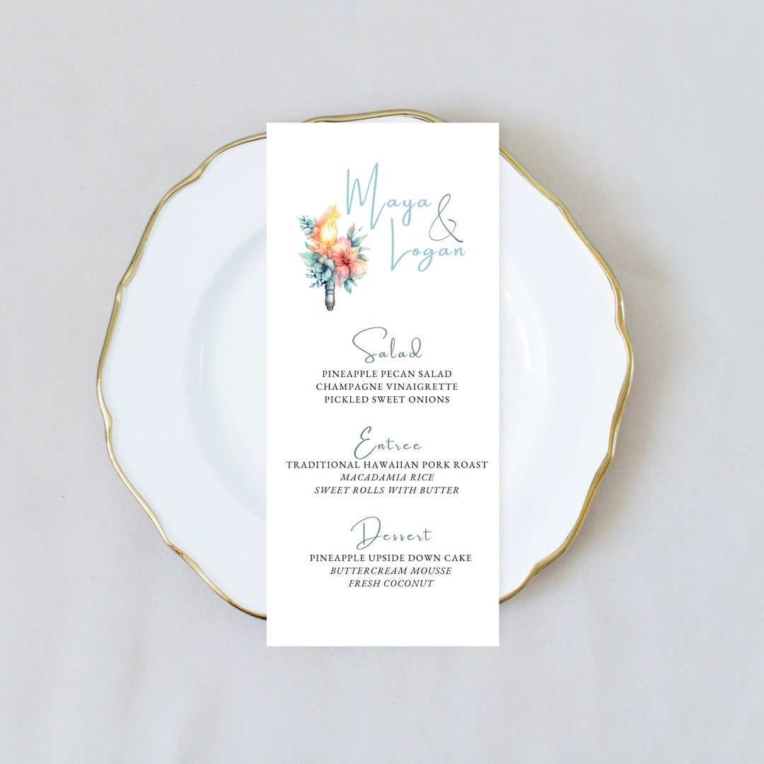 HAWAII WEDDING Menu Template Editable Canva Watercolor Wedding Menu ...