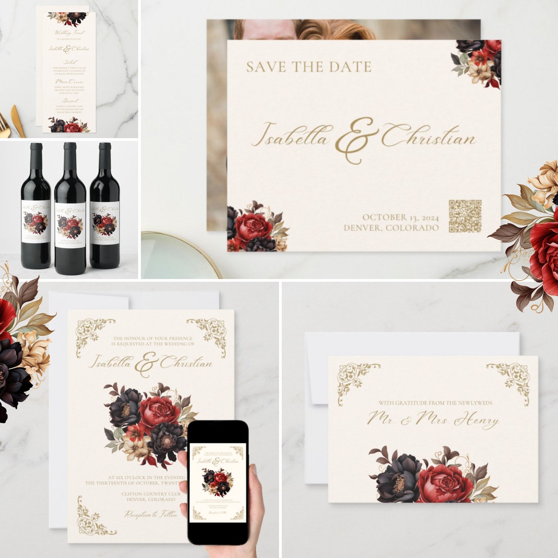 Victorian Red Floral Wedding Suite: Editable Canva Templates (digital ...
