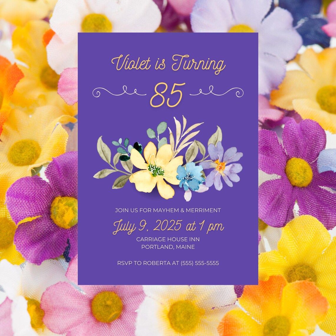 85th Birthday Invitation: Purple Floral Canva Template (digital ...