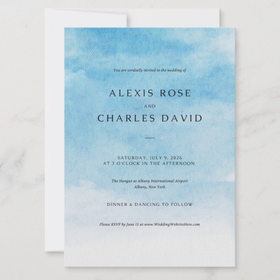 Airplane Hangar Wedding Invitation Suite: Editable Blue Sky Design ...