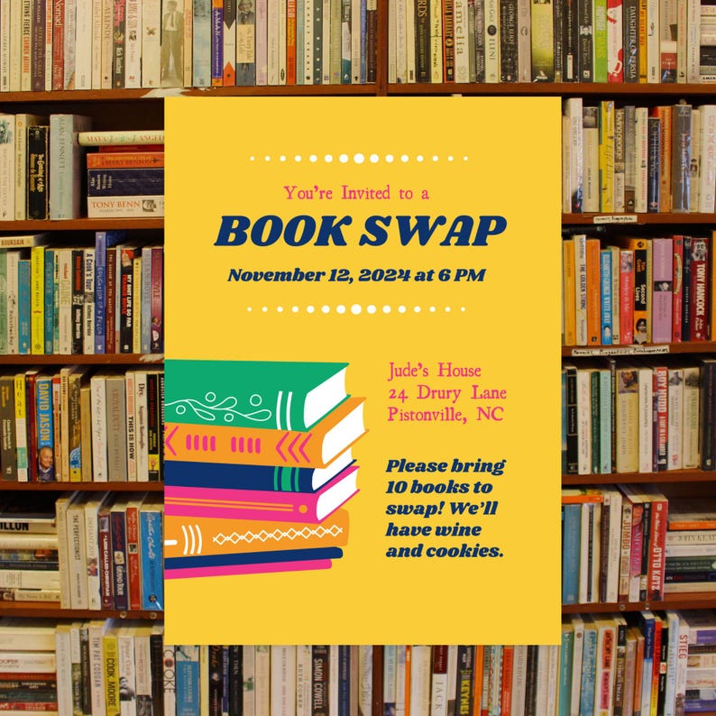 Book Swap Party Invitation: Editable Canva Template (digital Download ...