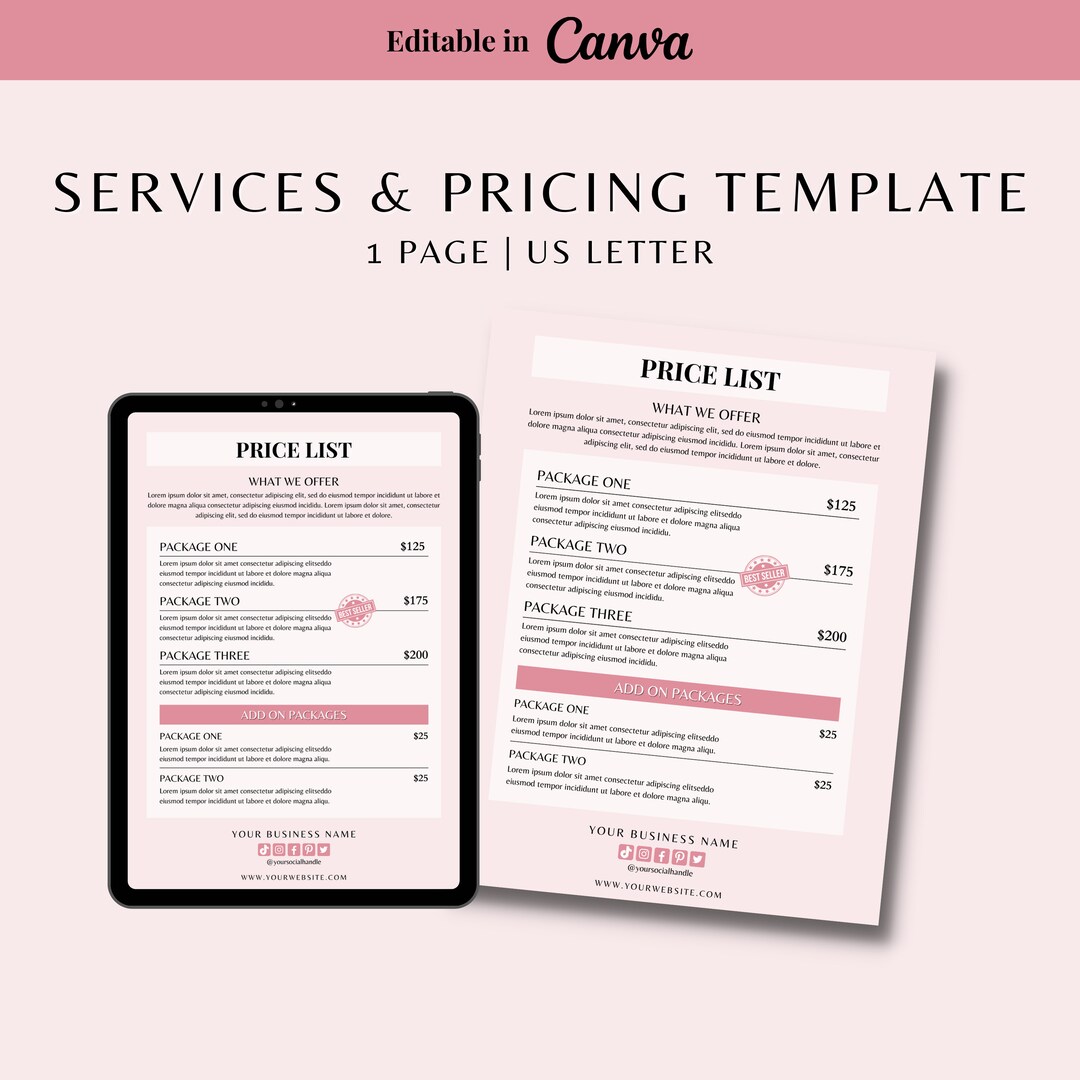 One Page Services and Pricing Package Template | 1 Page Services Price ...