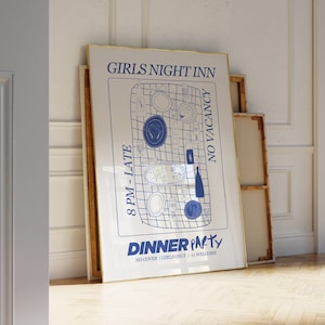 Vintage Dinner With Friends Party Poster, Blue Hand Illustrated Wall ...