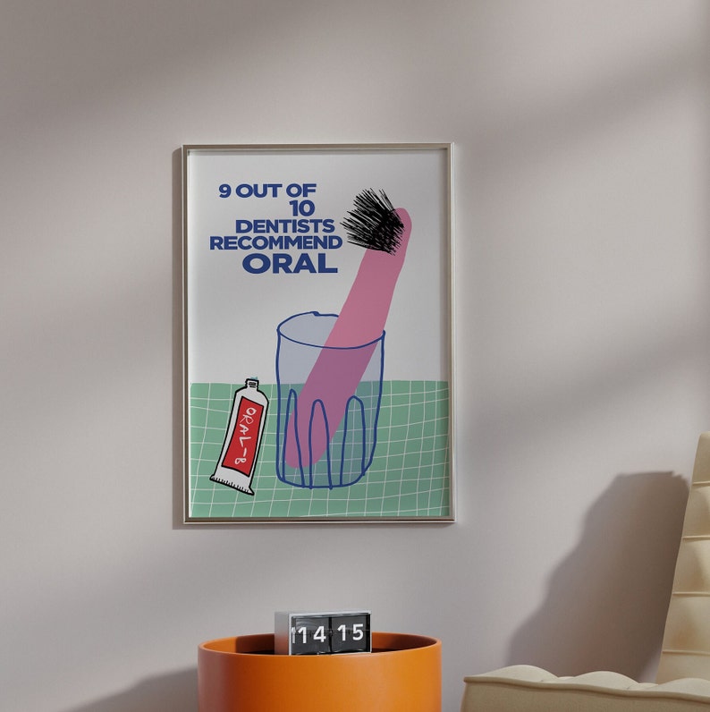 Toothbrush Oral Health Wall Art, Hand-illustrated Bathroom Decor ...