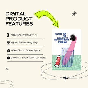 Toothbrush Oral Health Wall Art, Hand-illustrated Bathroom Decor ...