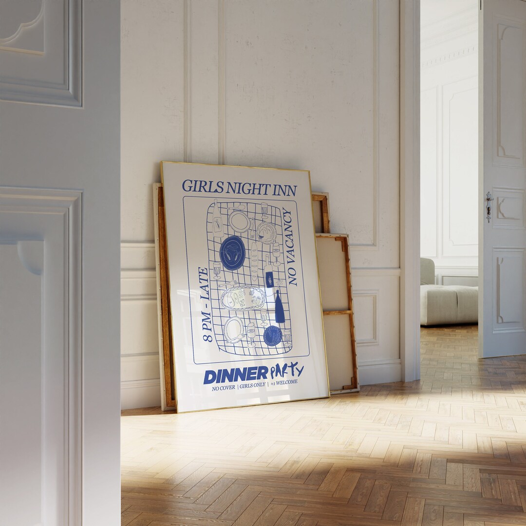 Vintage Dinner With Friends Party Poster, Blue Hand Illustrated Wall ...
