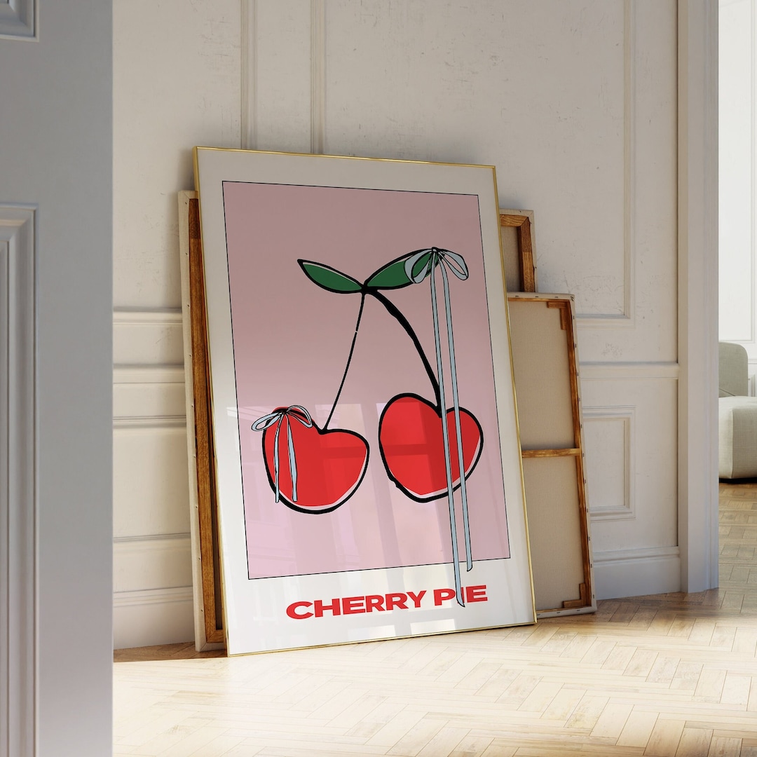 Red Cherry Art Poster,blue Bow Coquette Wall Art, Hand-illustrated ...