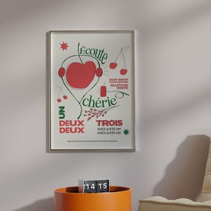 French Vintage Red Cherry Poster, Cherie Coquette Wall Art, Hand ...