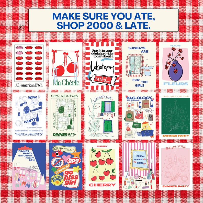 Red Cherry Art Posterblue Bow Coquette Wall Art - Etsy