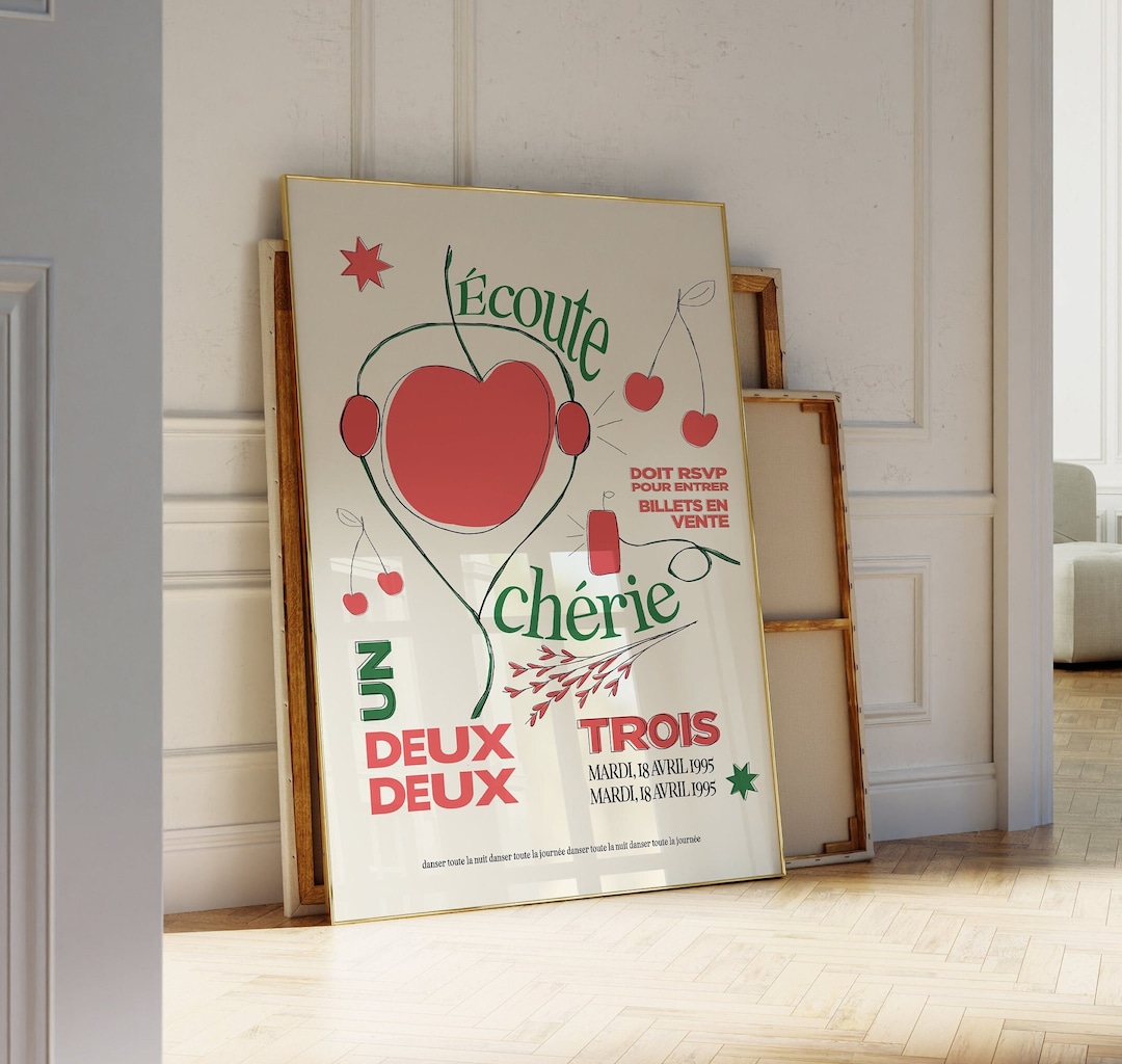 French Vintage Red Cherry Poster, Cherie Coquette Wall Art, Hand ...