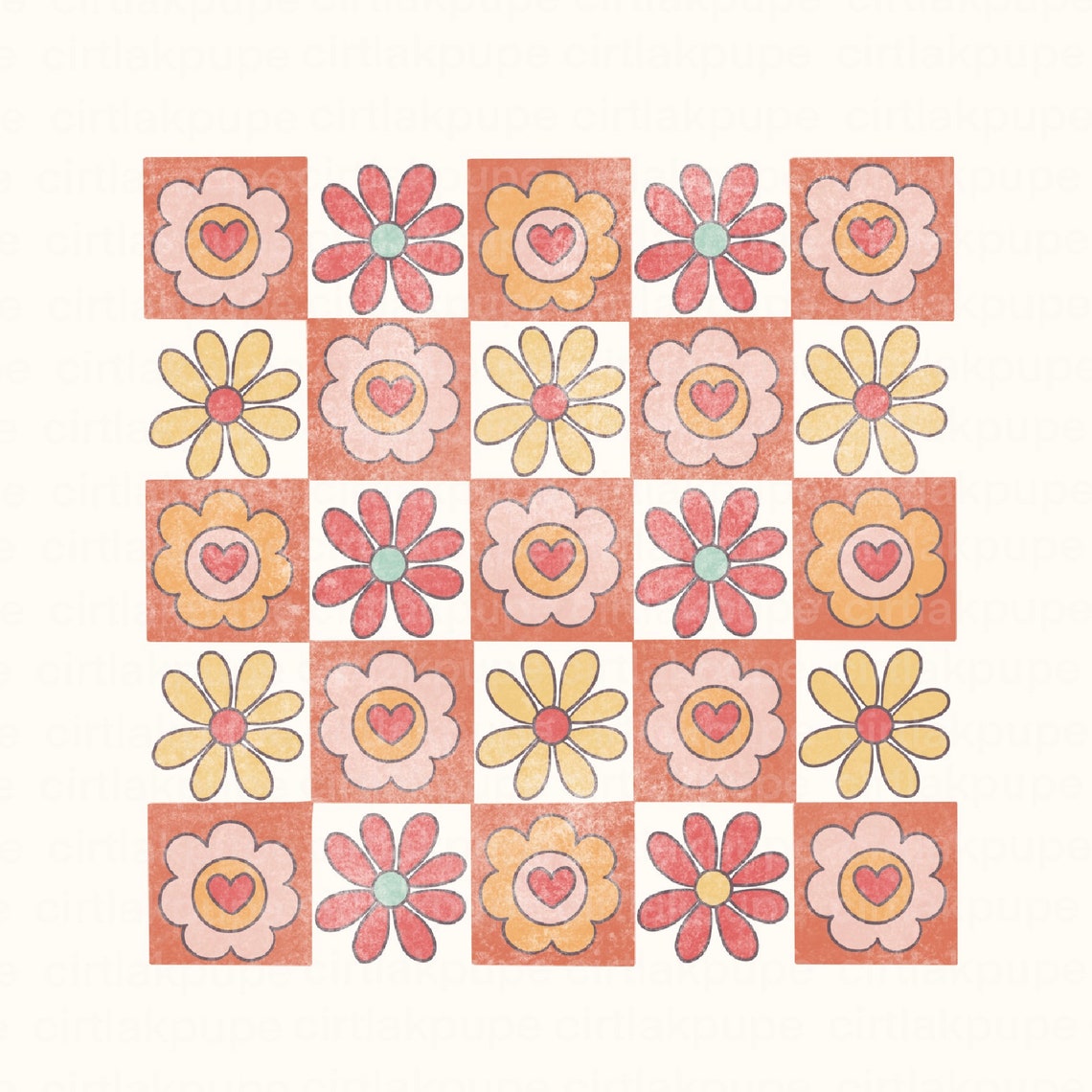 Retro Groovy Checkered Flowers PNG Trendy Sublimation Grunge - Etsy