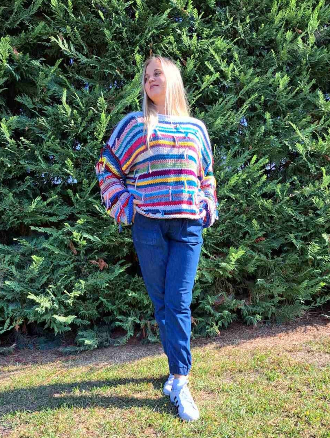 Multicolor Striped Sweater Handmade Oversized Wool, Cozy Cardigan ...