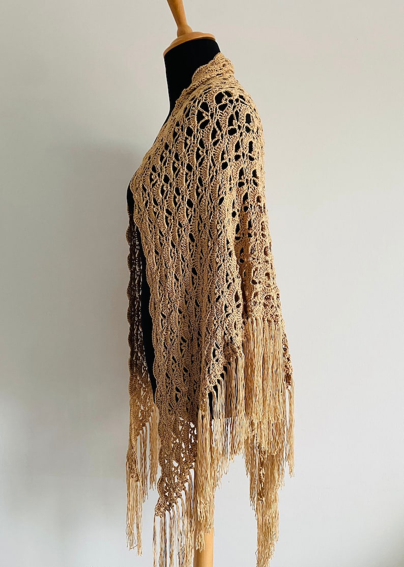 Handmade Crochet Lace Shawl: Light Beige Cotton Blend With Tassels - Etsy