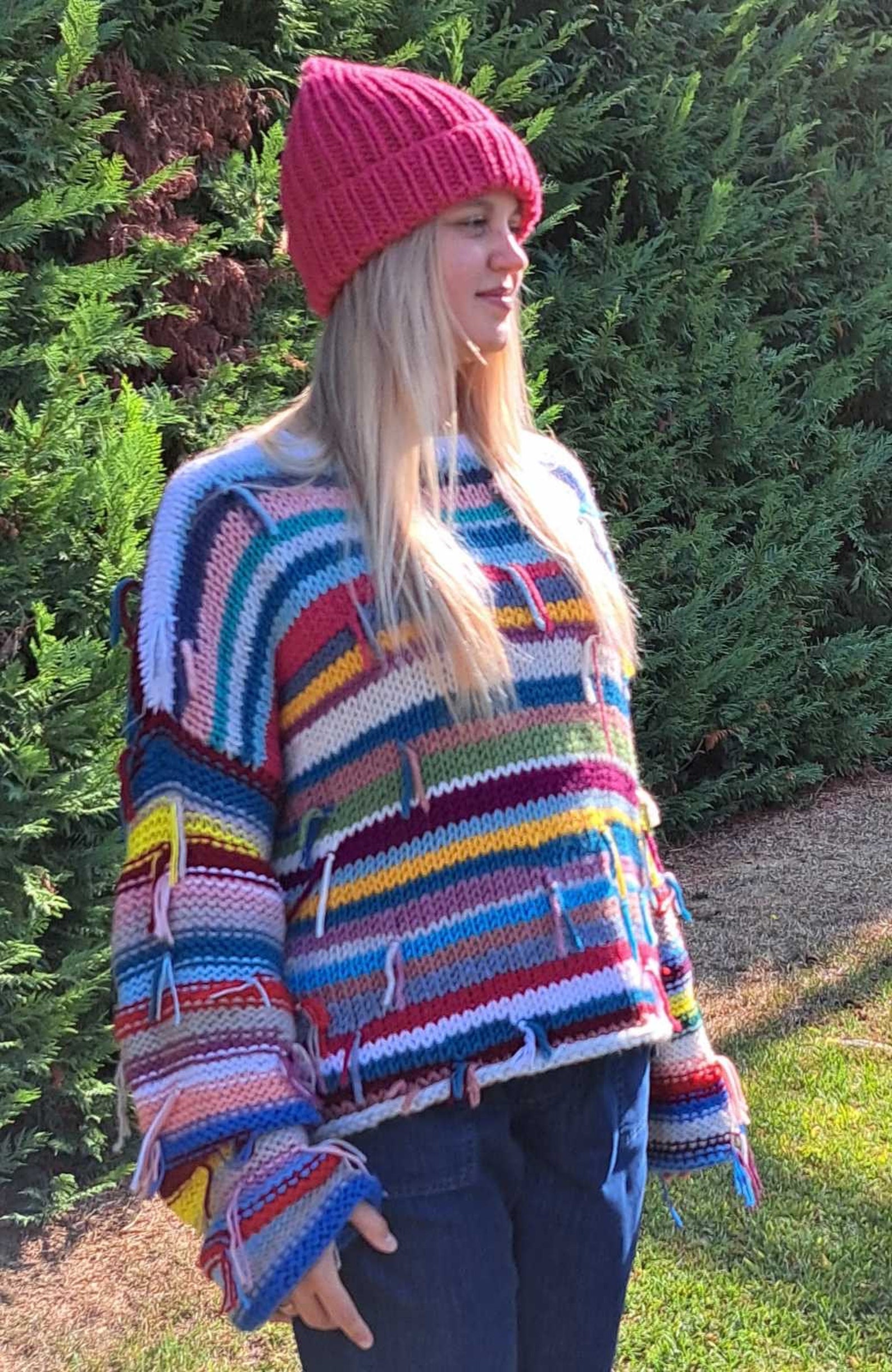 Multicolor Striped Sweater Handmade Oversized Wool, Cozy Cardigan ...