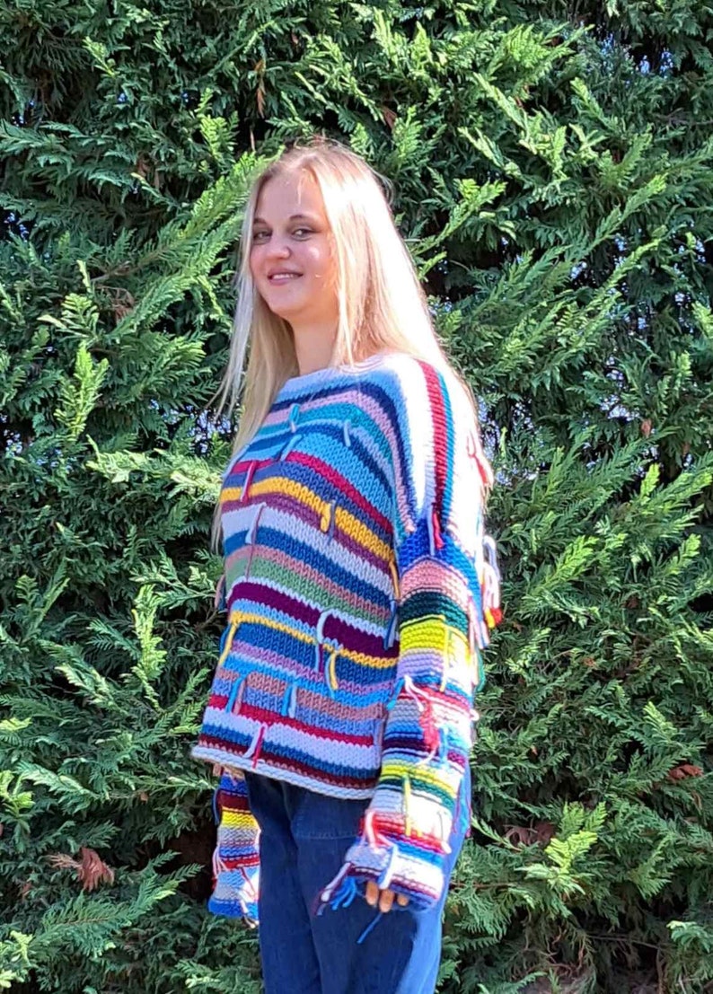 Multicolor Striped Sweater Handmade Oversized Wool Cozy Cardigan