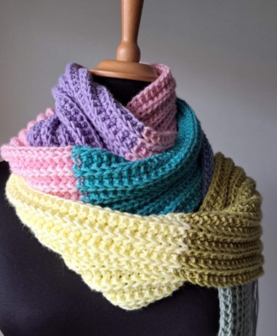 Long Scarf in Pastel Colors, Handmade Tassels Knitted Scarf Wool ...