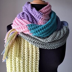 Long Scarf in Pastel Colors, Handmade Tassels Knitted Scarf Wool ...